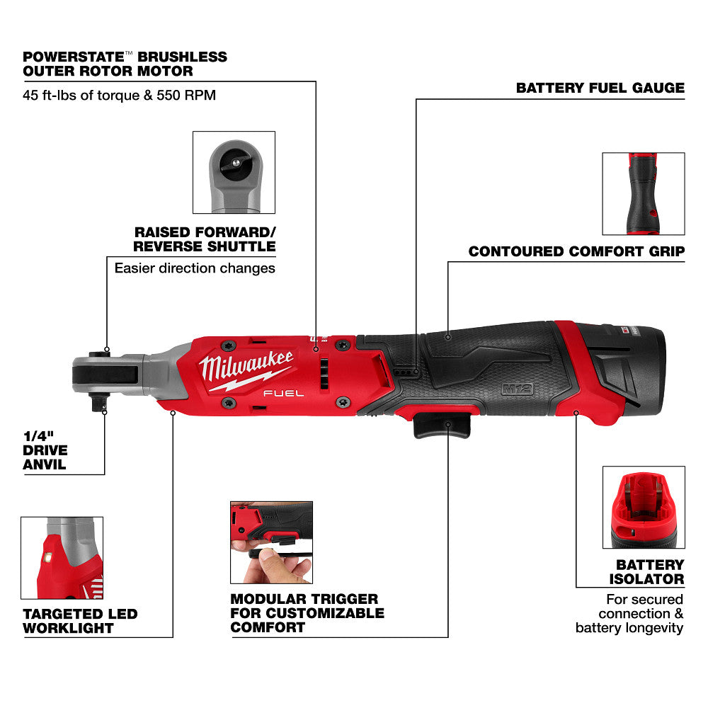 Milwaukee 3052-21 M12 FUEL 12V 1/4" Cordless Li-Ion Ratchet Kit – MaxTool